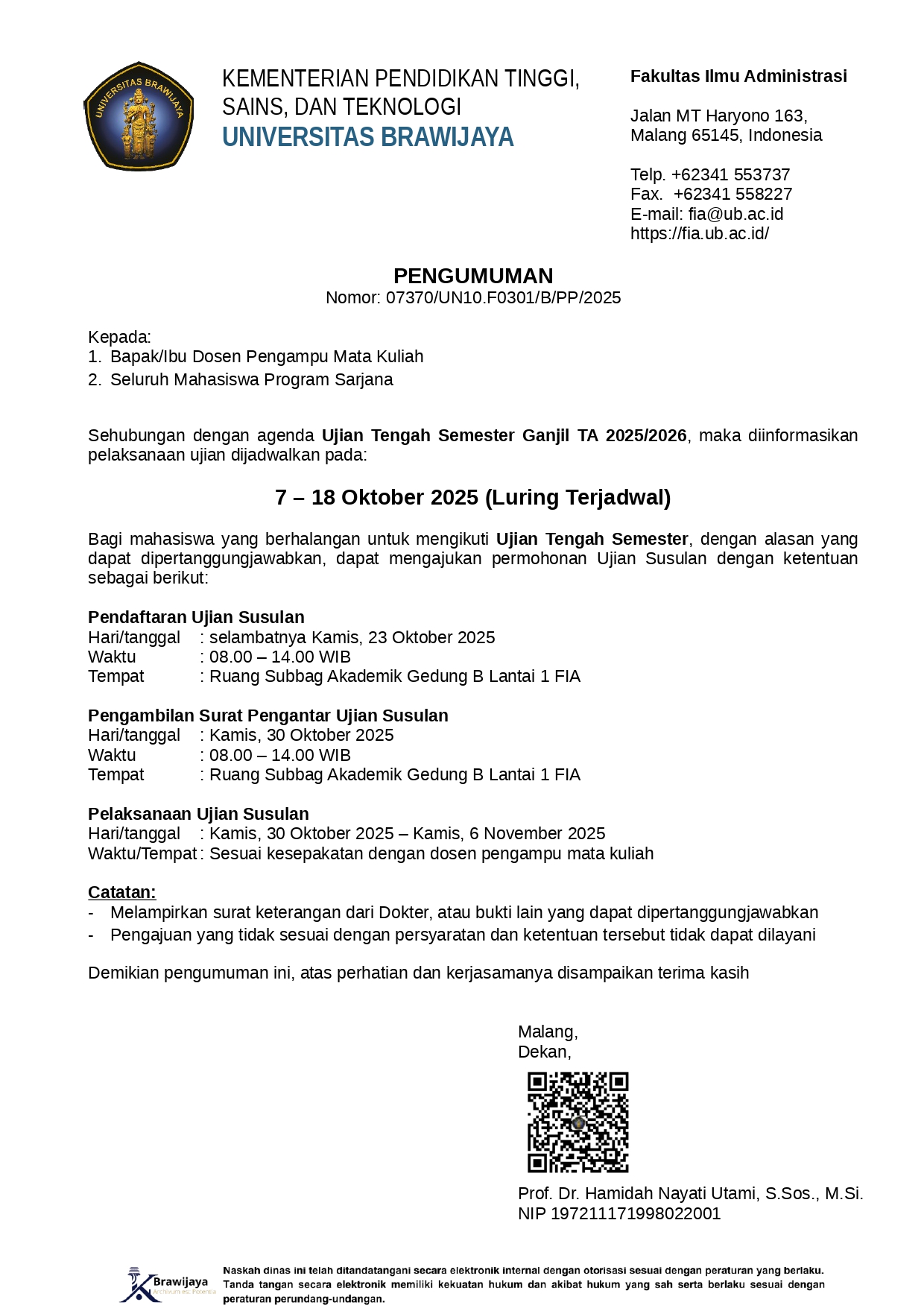 PENGUMUMAN : Pelaksanaan Ujian Tengah Semester (UTS) Ganjil TA. 2025/ ...